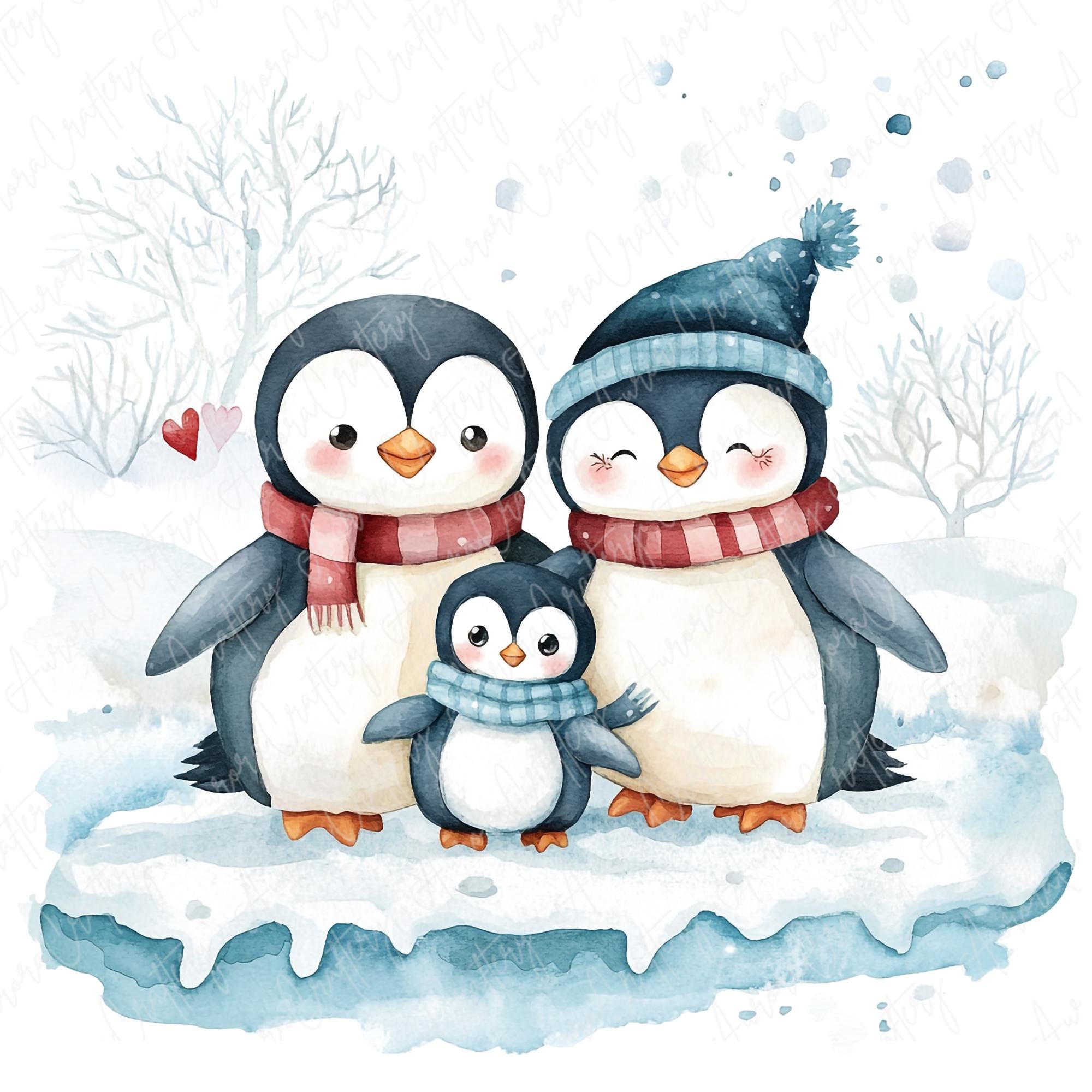 8 Watercolor Winter Penguin Clipart, Festive Penguin Family, Festive ...