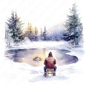 8 Watercolor Ice Fishing Clipart, Winter Landscape Clipart, Fisherman ...