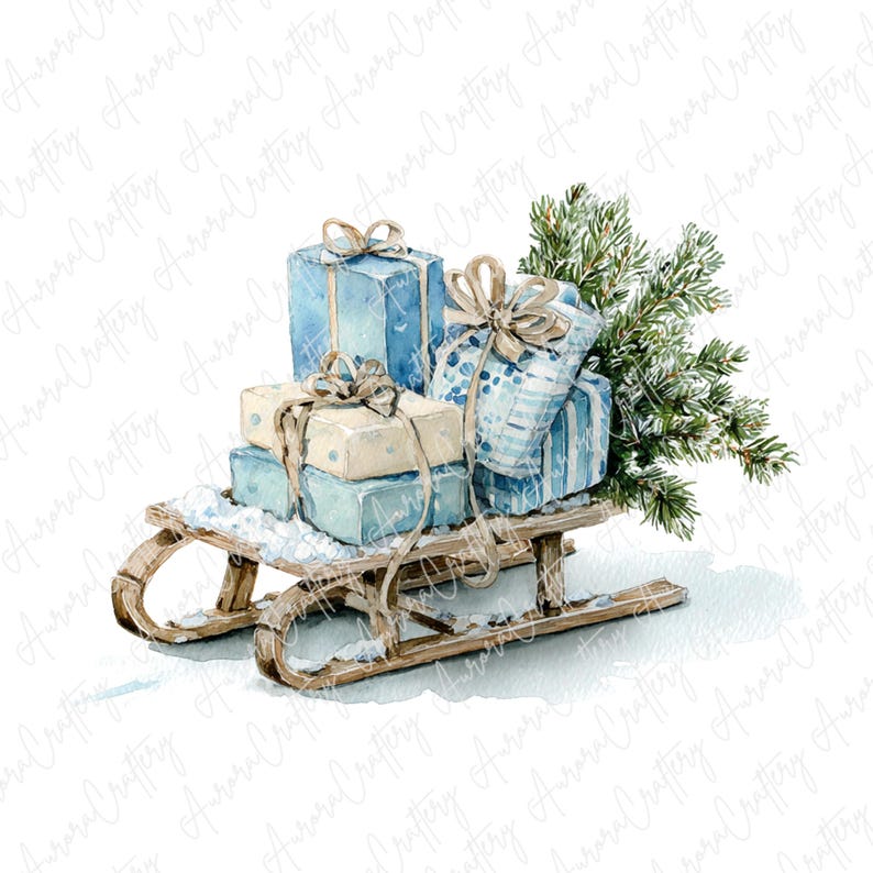 7 Watercolor Winter Sled Clipart, Wooden Sleigh With Gifts and Pine ...