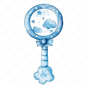 8 Blue Baby Rattle Clipart Set – Watercolor Baby Boy Rattles With Stars ...