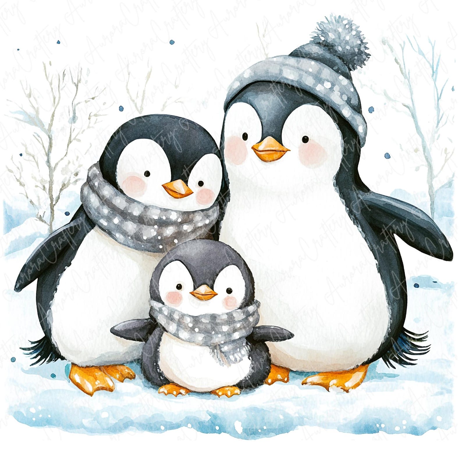 8 Watercolor Winter Penguin Clipart, Festive Penguin Family, Festive ...