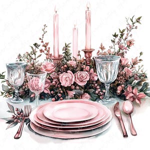 6 Pink Winter Festive Table Clipart, Winter Meal Clipart, Candlelight ...