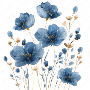 13 Abstract Blue Watercolor Floral Clipart Bundle, Soft Blue & Gold ...