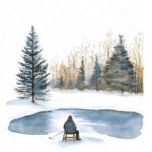 8 Watercolor Ice Fishing Clipart, Winter Landscape Clipart, Fisherman ...