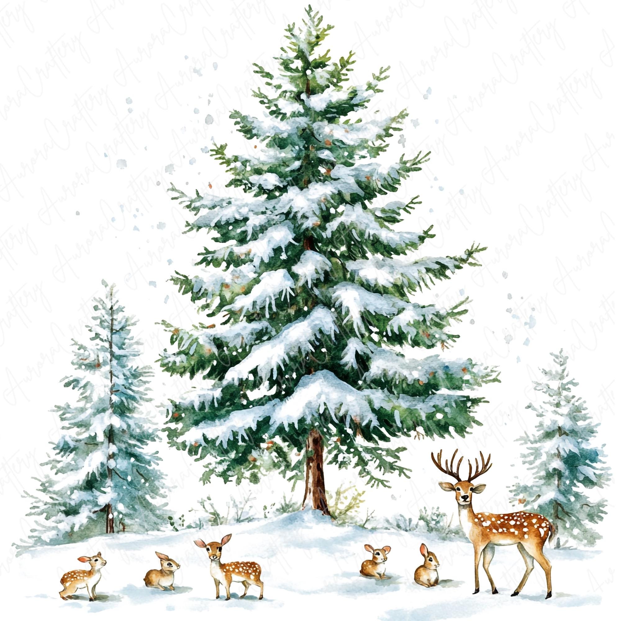 8 Watercolor Woodland Animals Under Snowy Pine Trees, Festive Winter ...