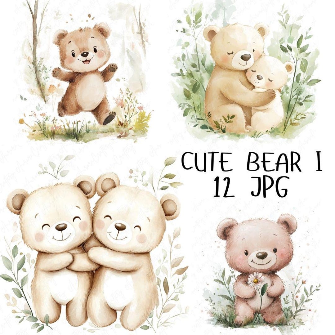 12 Watercolor Bear Clipart, Woodland Bear Clipart, Cute Teddy Bear ...