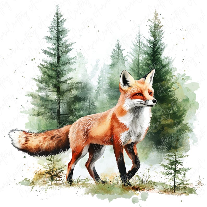 15 Watercolor Fox in Forest Clipart, Forest Fox Clipart, Majestic Fox ...