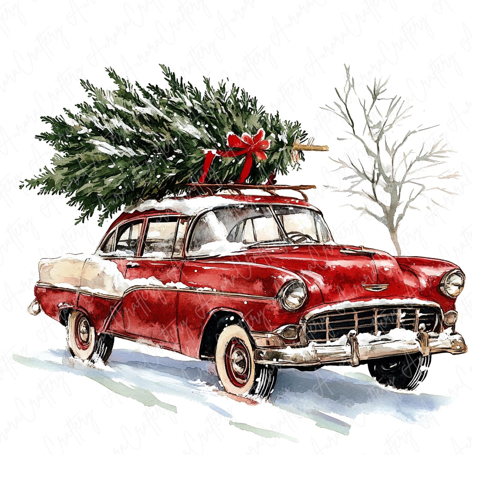 10 Festive Car Clipart, Vintage Cars With Winter Trees, Festive Tree ...
