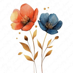 10 Retro Pop Art Watercolor Floral Clipart Bundle, Bright Colorful ...