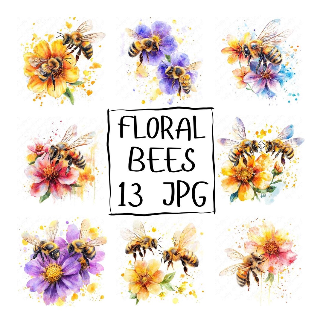 13 Watercolor Floral Bees Clipart, Bee and Flower Clipart, Watercolor ...