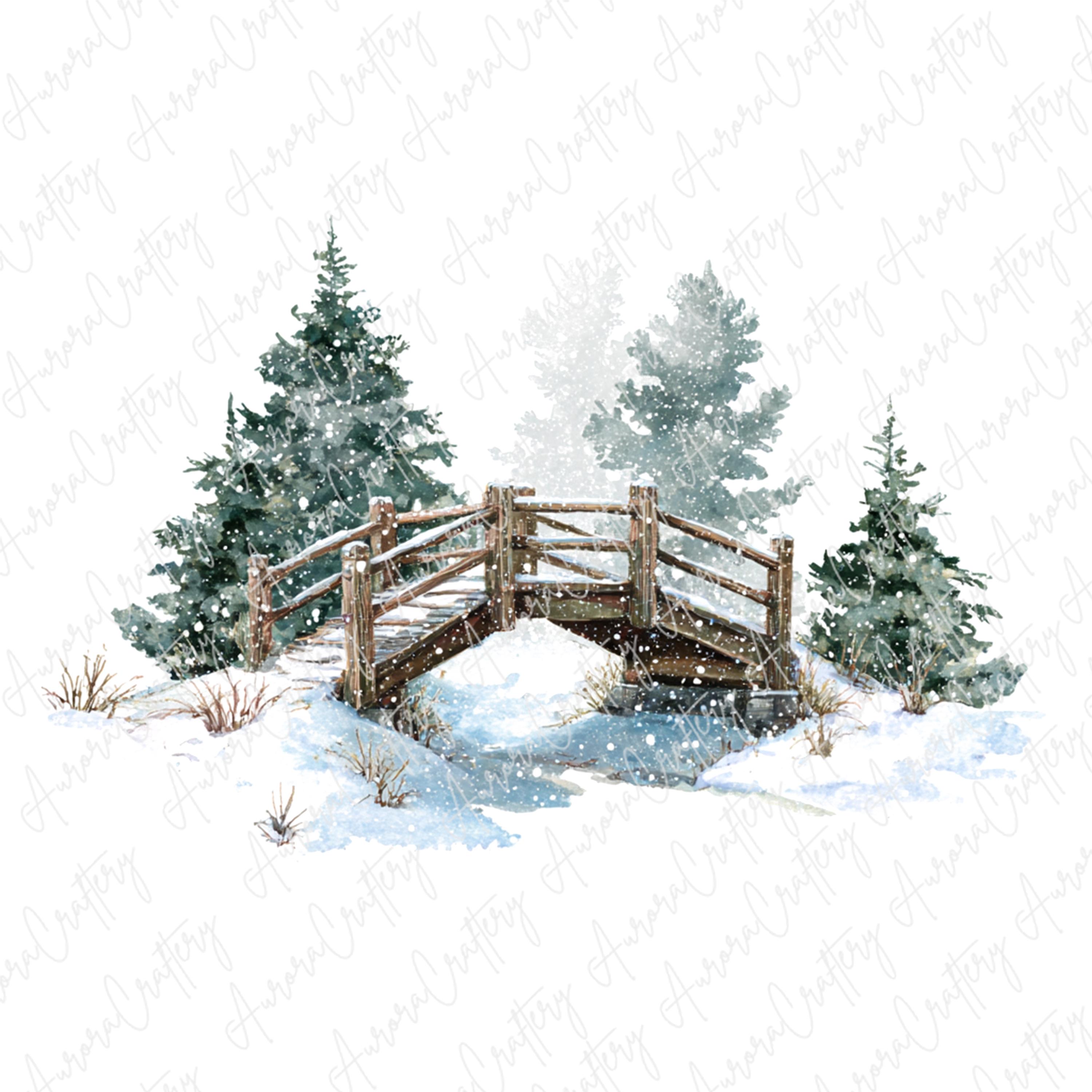 7 Watercolor Winter Bridge Clipart, Snowy Wooden Pathway With Pine ...