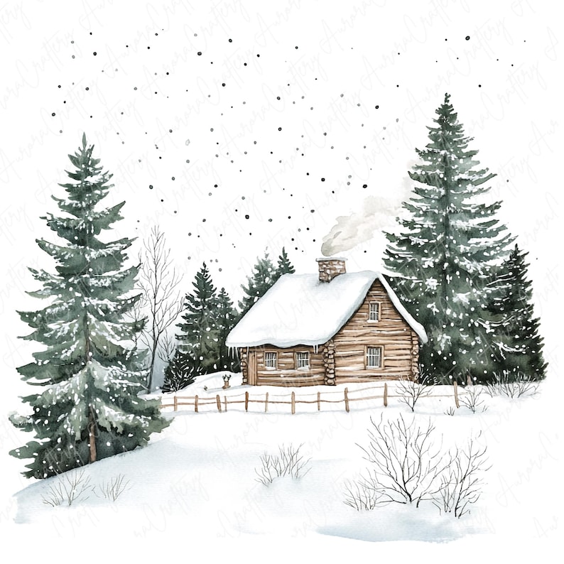 10 Watercolor Winter Cabin Clipart, Snowy Forest Cottages With Pine ...