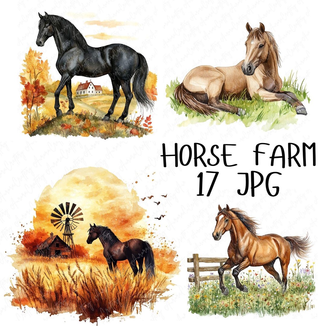 17 Horse Farm Watercolor Clipart Horse Clipart, Black Horse Brown Horse ...