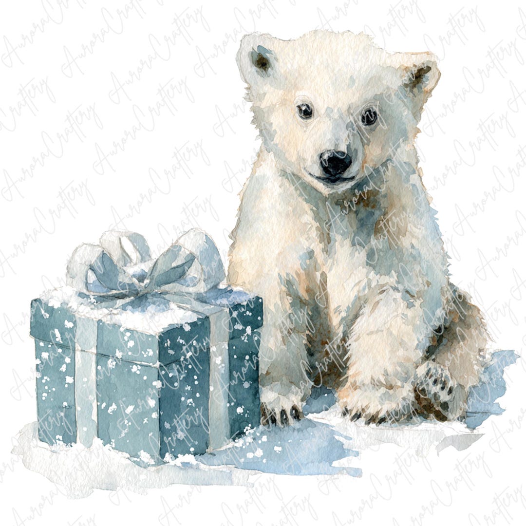 8 Watercolor Polar Bear Clipart, Cute Winter Bear With Gift Box and ...