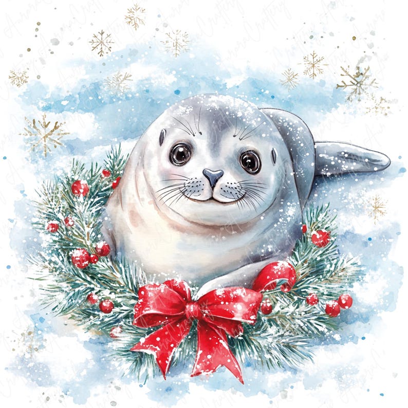 7 Watercolor Winter Seal Clipart, Festive Baby Seal With Bows, Cute ...