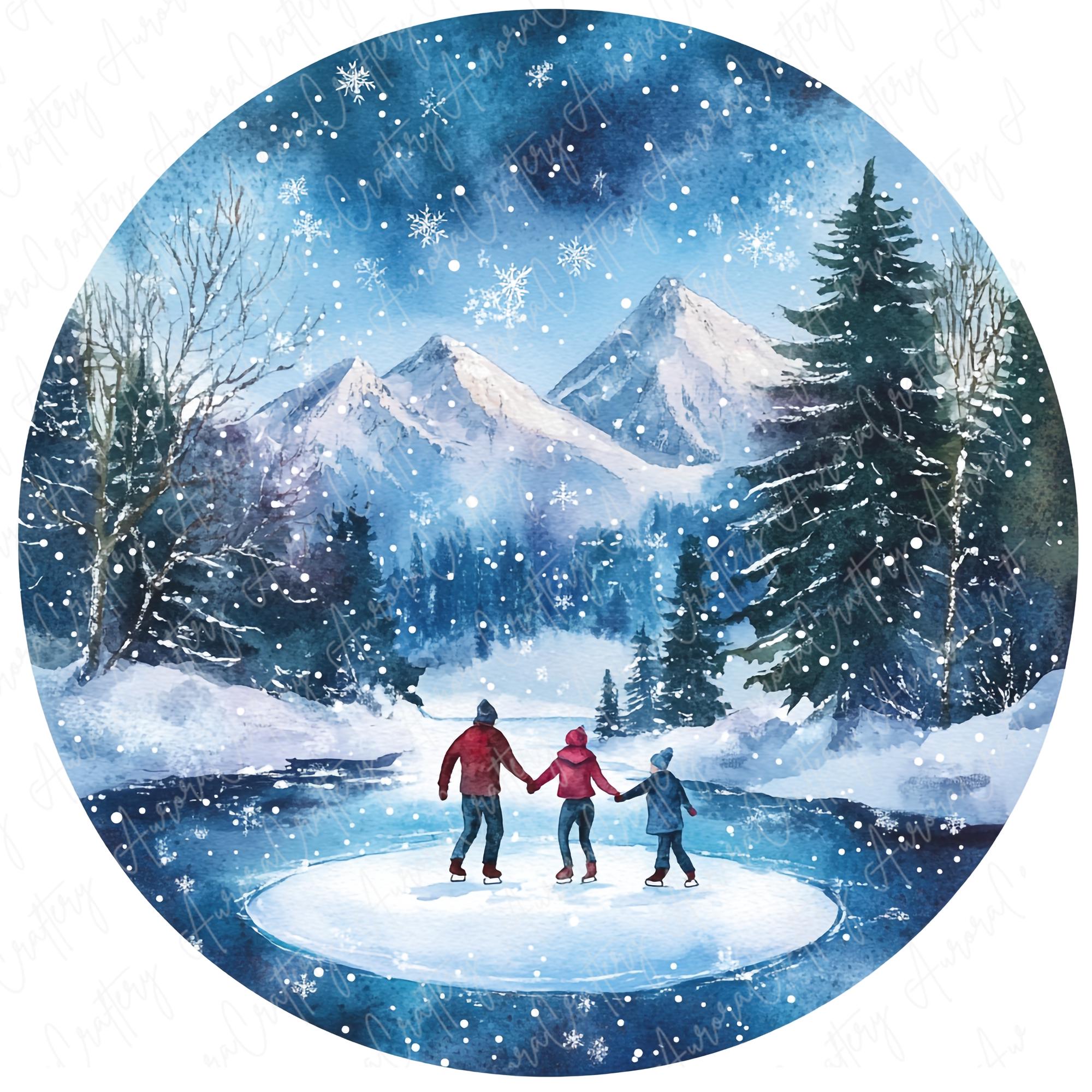 8 Watercolor Ice Skating Clipart, Snowy Mountain, Frozen Lake Winter ...