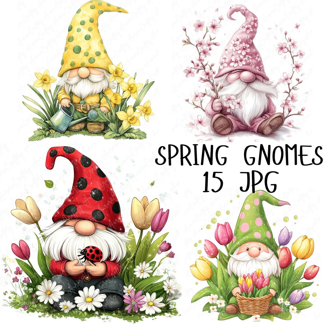 15 Spring Gnomes Clipart, Garden Gnome, Floral Gnome Clipart, Floral ...