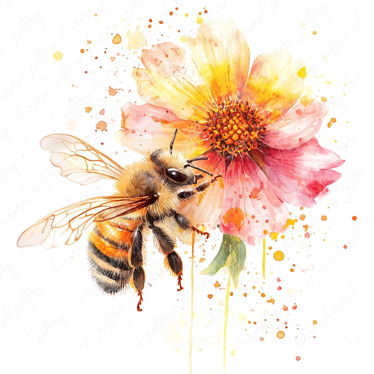 4 Watercolor Bee Clipart, Vibrant Bee on Flower Clipart, Spring Clipart ...