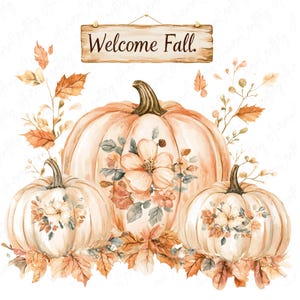 7 Welcome Fall Watercolor Clipart, Autumn Pumpkin Decor, High Quality ...