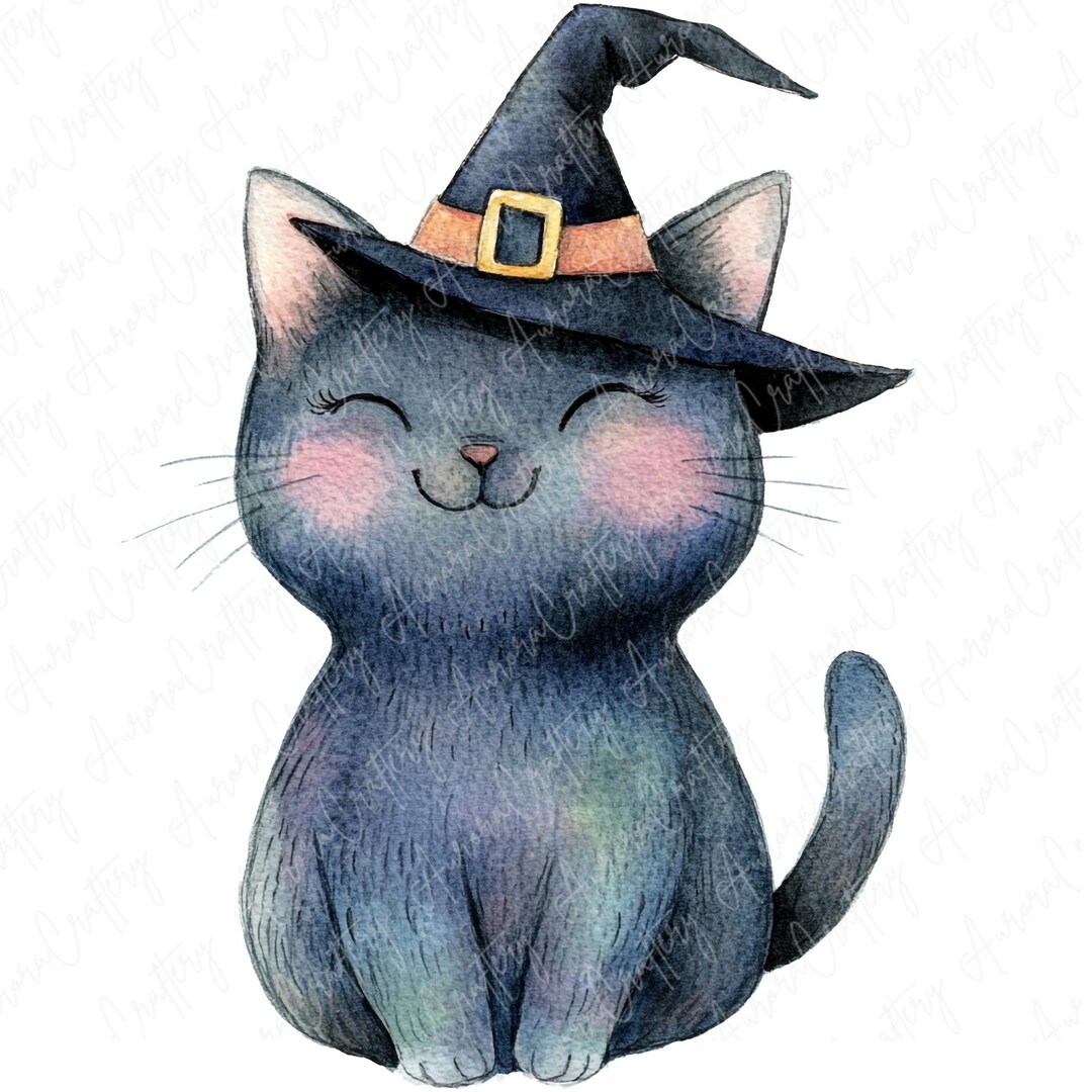 8 Watercolor Witch Cat Clipart, Cute Spooky Clipart, Cute Cat JPG ...