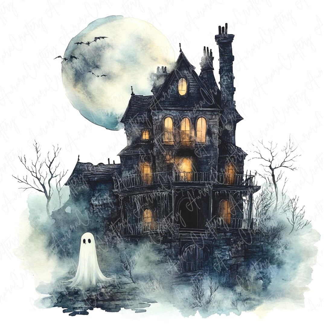 11 Watercolor Haunted House Clipart | Spooky Mansions, Bats, Spooky ...