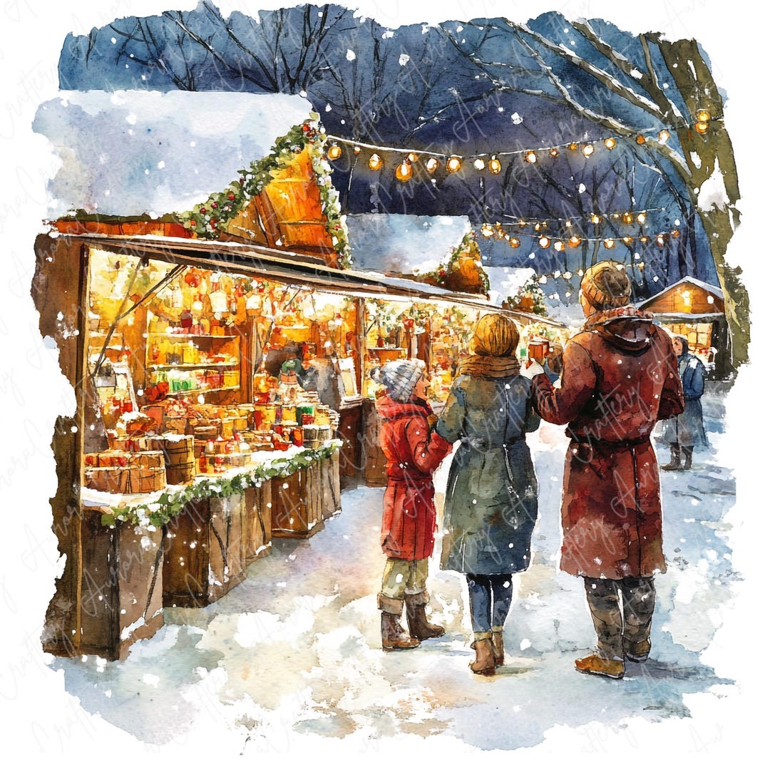 5 Watercolor Winter Market Clipart, Snowy Village Market, Winter ...
