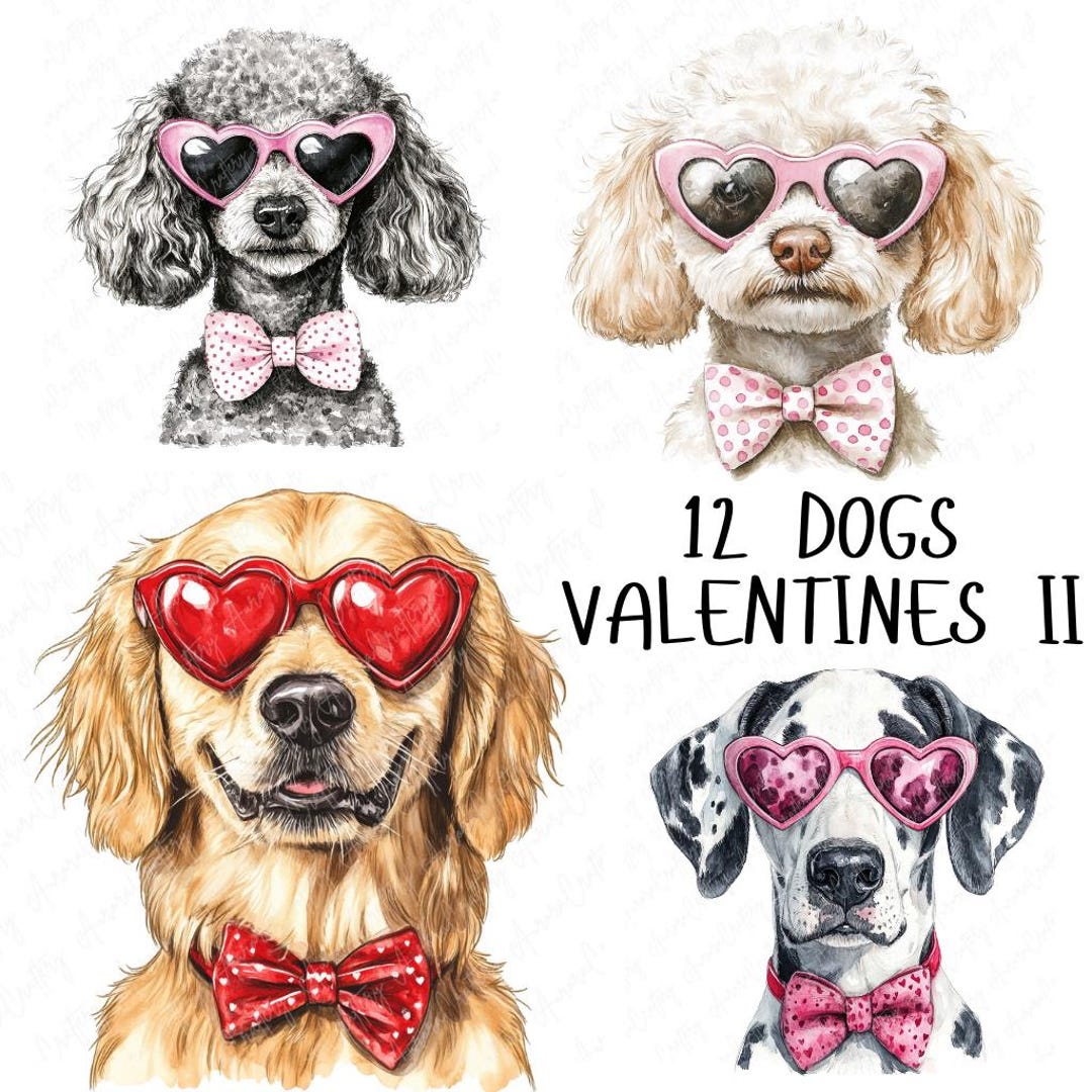 12 Valentine Dogs Watercolor Clipart, Cute Dog Clipart, Dogs in Love ...