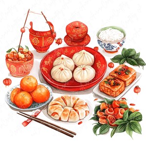 8 Chinese New Year Feast Clipart, Festive Traditional Dishes, Lunar New ...
