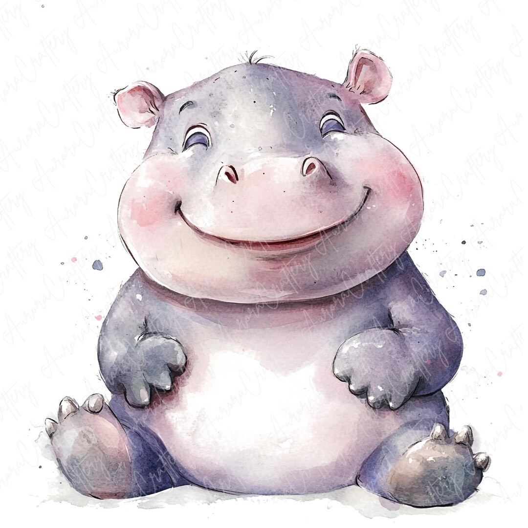 4 Watercolor Baby Hippo Clipart, Cute Jungle Animal Clipart, Baby ...