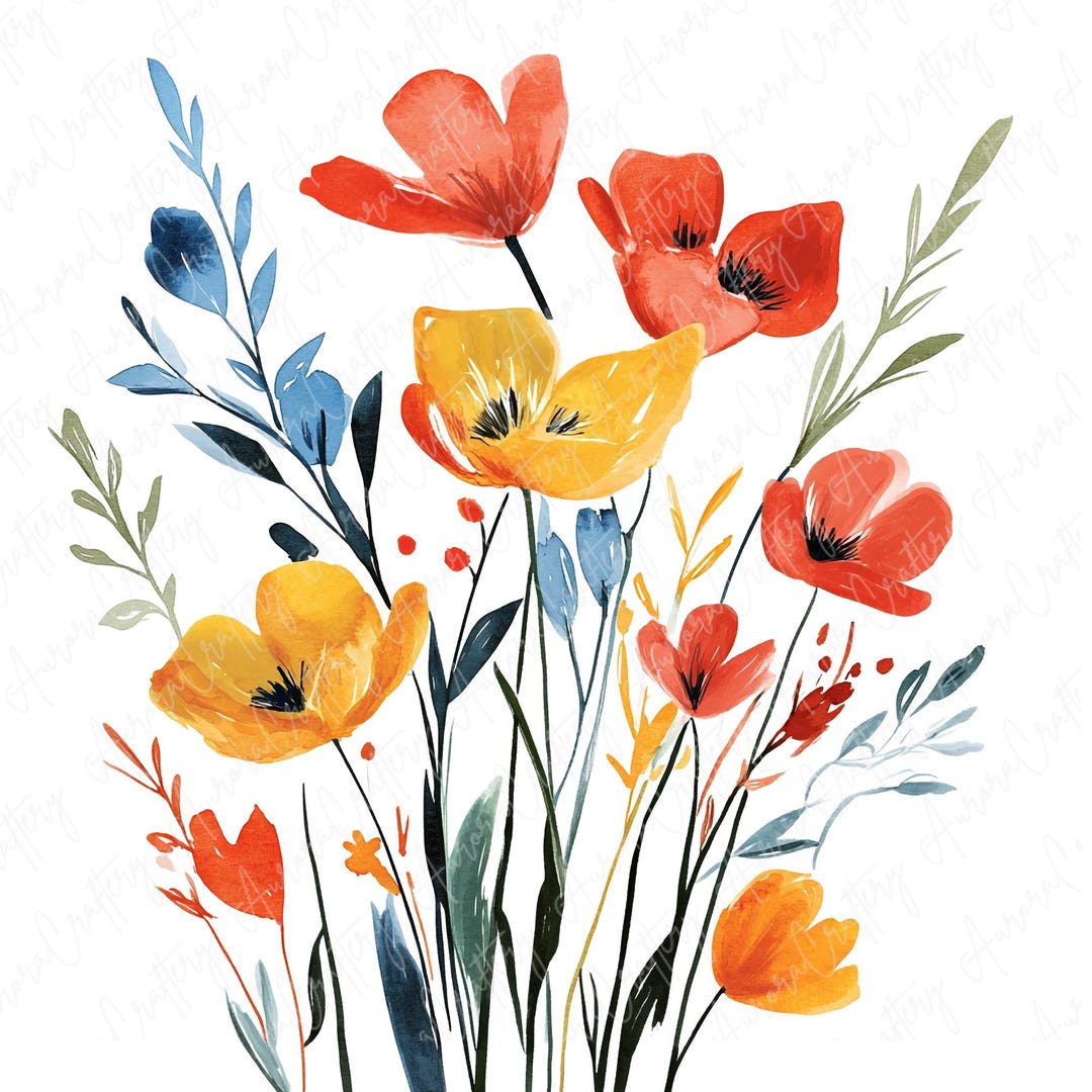 12 Wildflowers Watercolor Abstract Clipart, Bright Colorful Floral ...