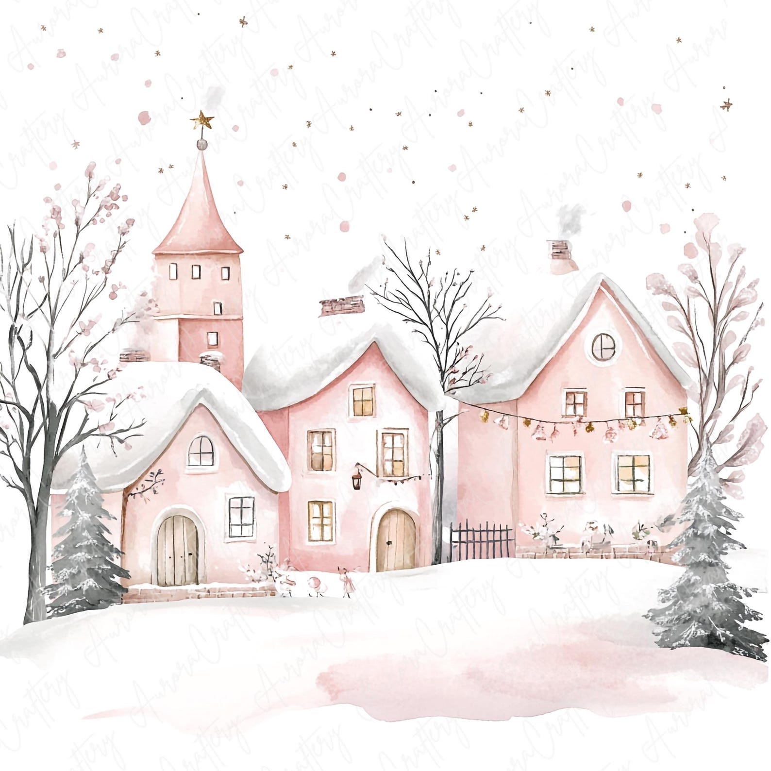 8 Watercolor Festive Village Clipart, Pink Snowy House Clipart, Winter ...