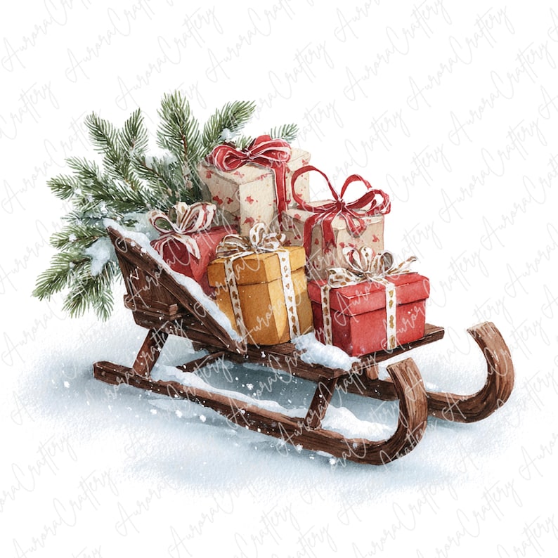 7 Watercolor Winter Sled Clipart, Wooden Sleigh With Gifts and Pine ...