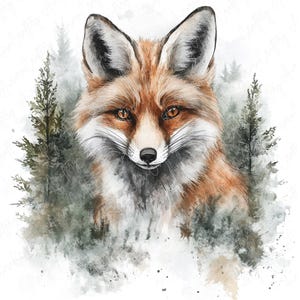15 Watercolor Fox in Forest Clipart, Forest Fox Clipart, Majestic Fox ...