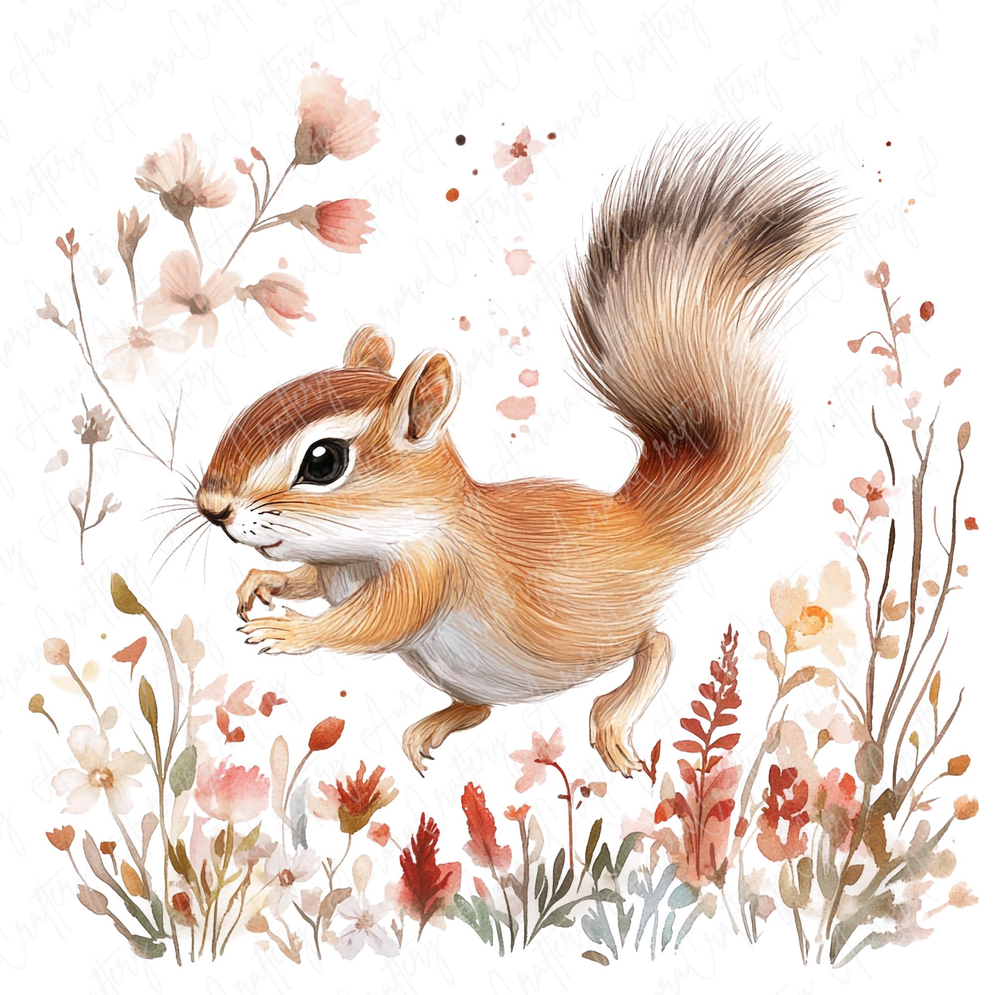11 Watercolor Chipmunk Clipart P2, Woodland Chipmunk With Flowers, Cute ...