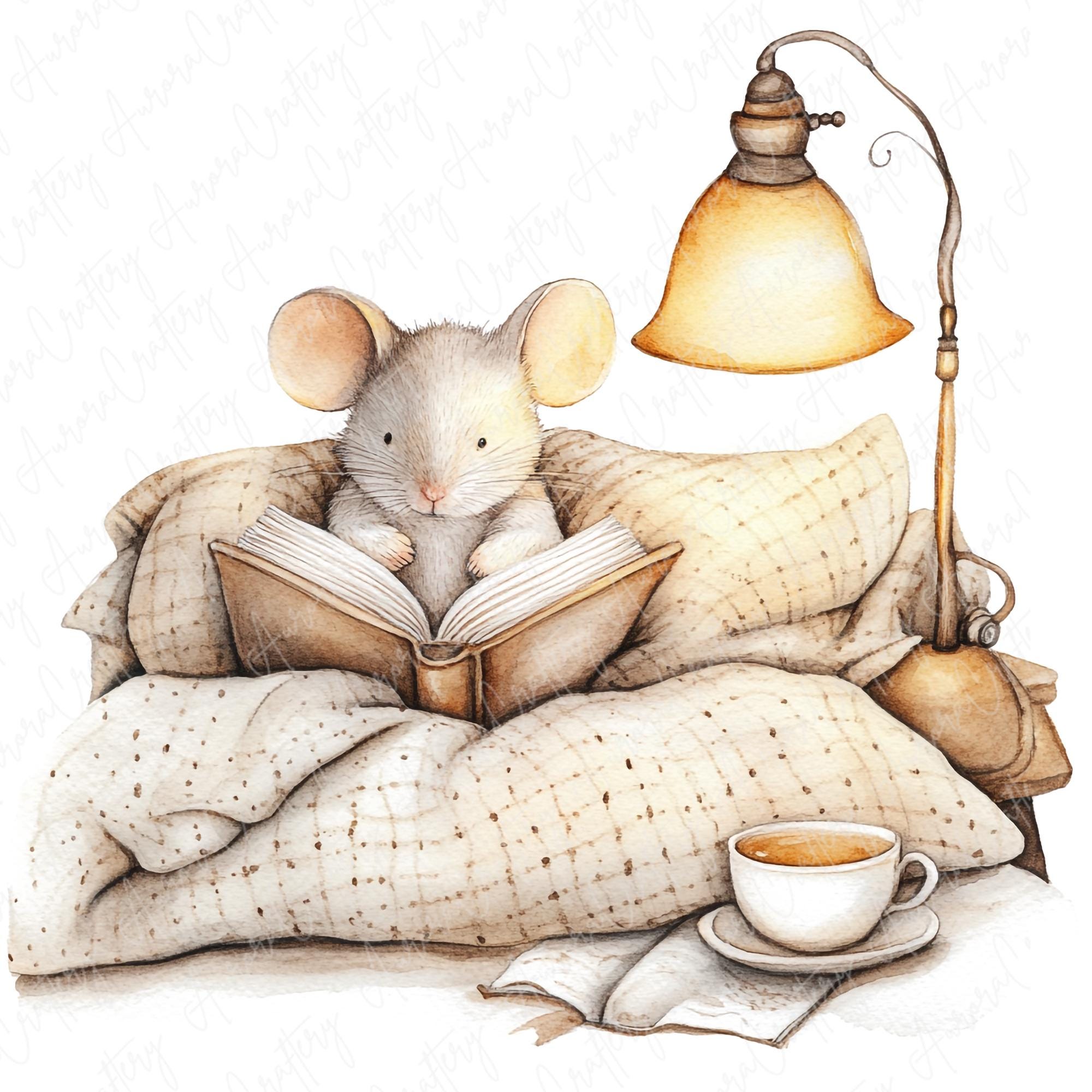 8 Watercolor Mouse Reading Clipart, Cozy Mouse in Tent and Books ...