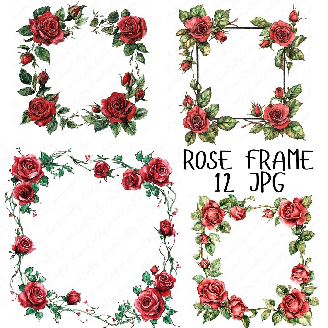 12 Watercolor Rose Frame Clipart, Valentine's Red Roses Square Frames ...