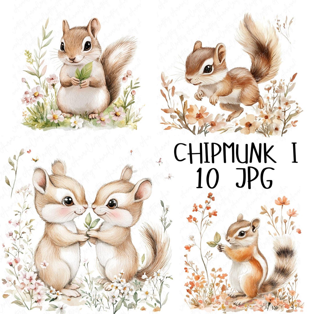 10 Watercolor Chipmunk Clipart, Woodland Chipmunk With Flowers, Forest ...