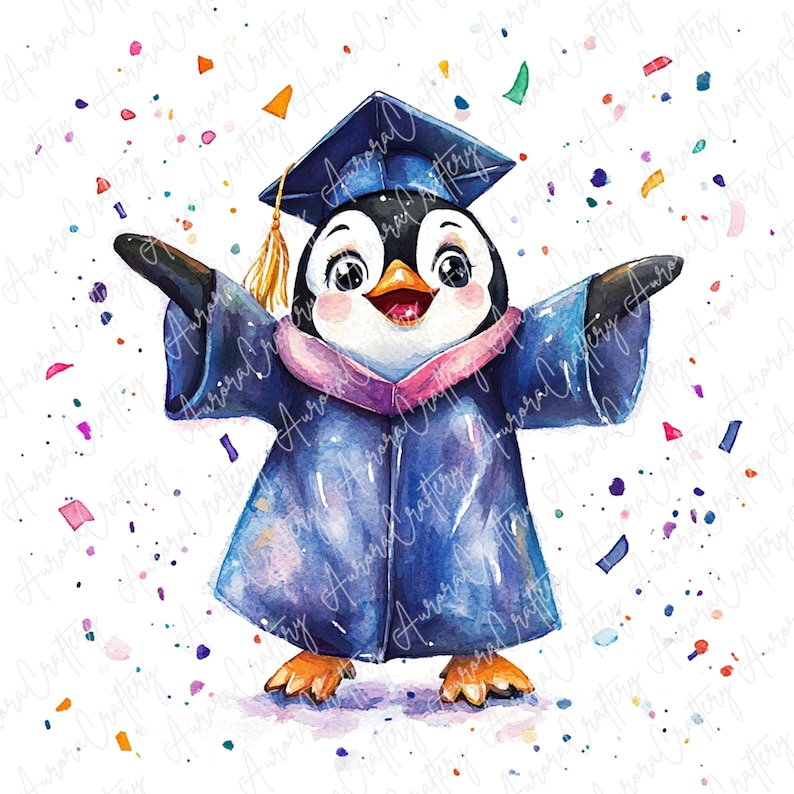 8 Watercolor Graduation Penguin Clipart, Penguins in Blue Gowns and ...