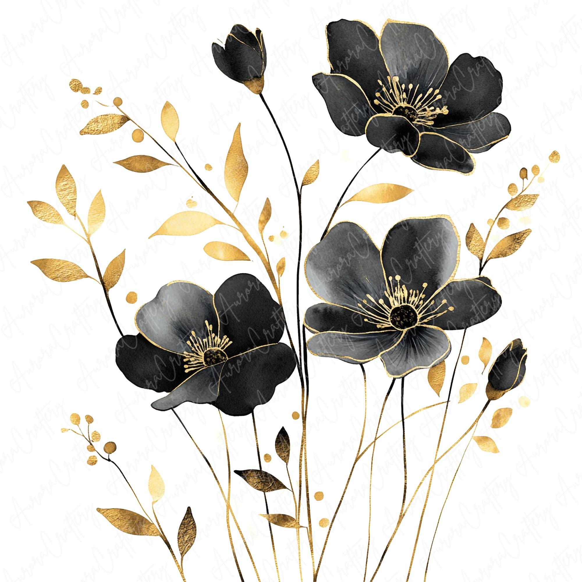 9 Black and Gold Floral Clipart, Watercolor Flower Clipart, High ...