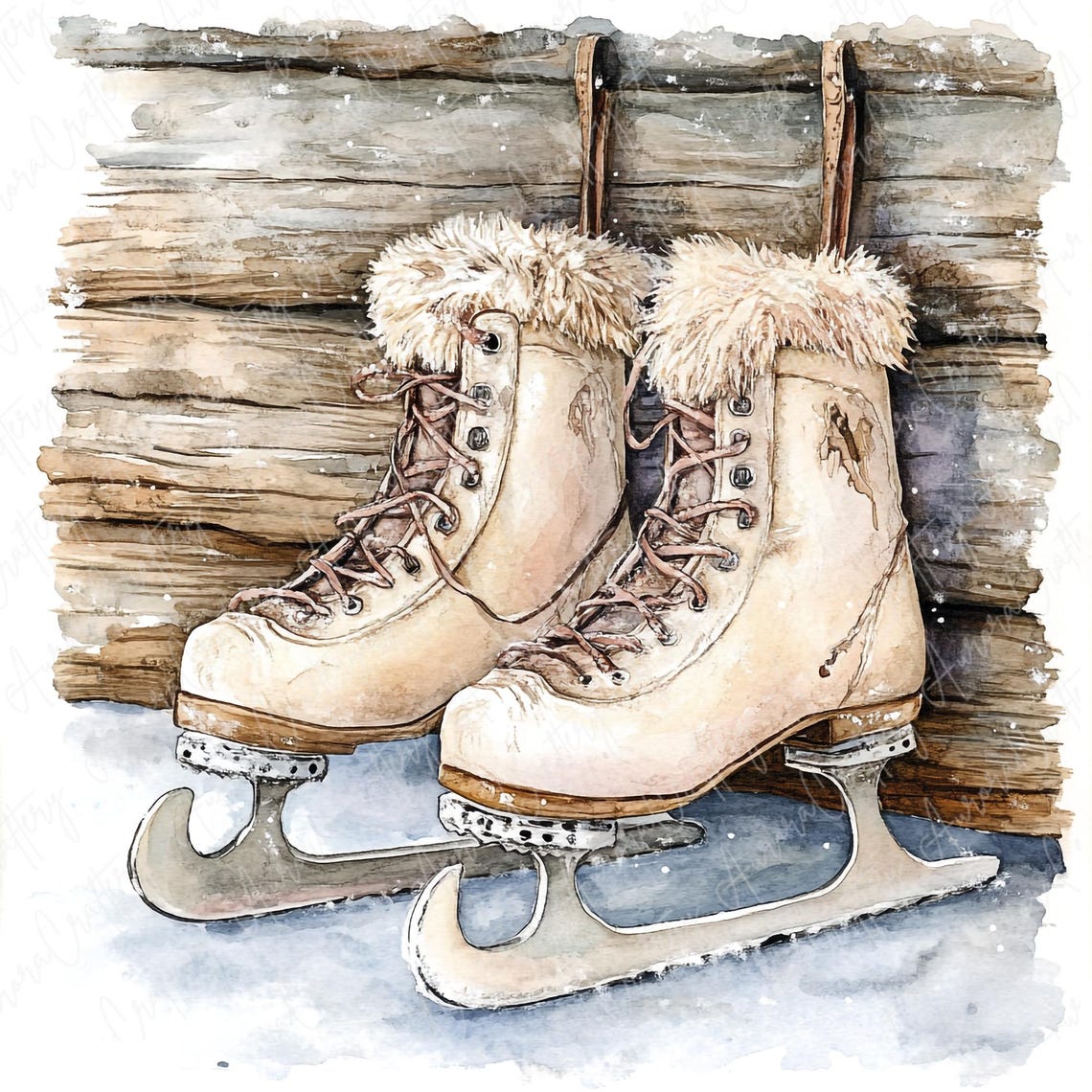 6 Winter Ice Skates Clipart, Cozy Vintage Ice Skates on Wood, Festive ...