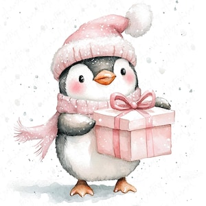 5 Festive Winter Penguin Clipart, Cute Penguins Holding Gifts, Pink ...