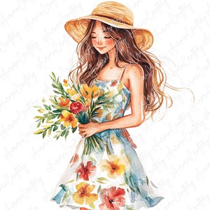 8 Summer Women Clipart Bundle, Girls in Dresses Holding Flowers, Spring ...