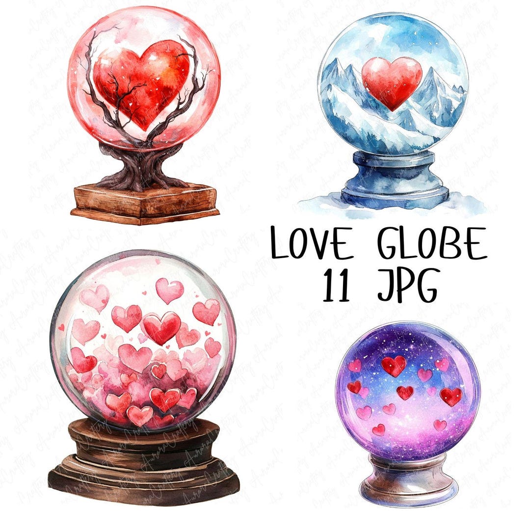 11 Watercolor Love Globe Clipart, Romantic Snow Globes, Love Clipart ...