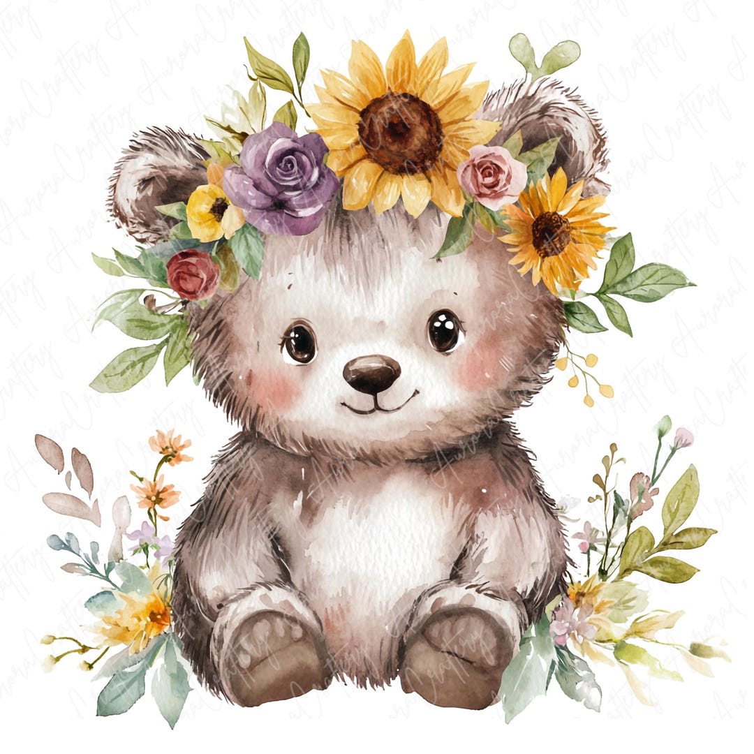 5 Watercolor Floral Bear Clipart, Cute Bears With Flower Crowns ...