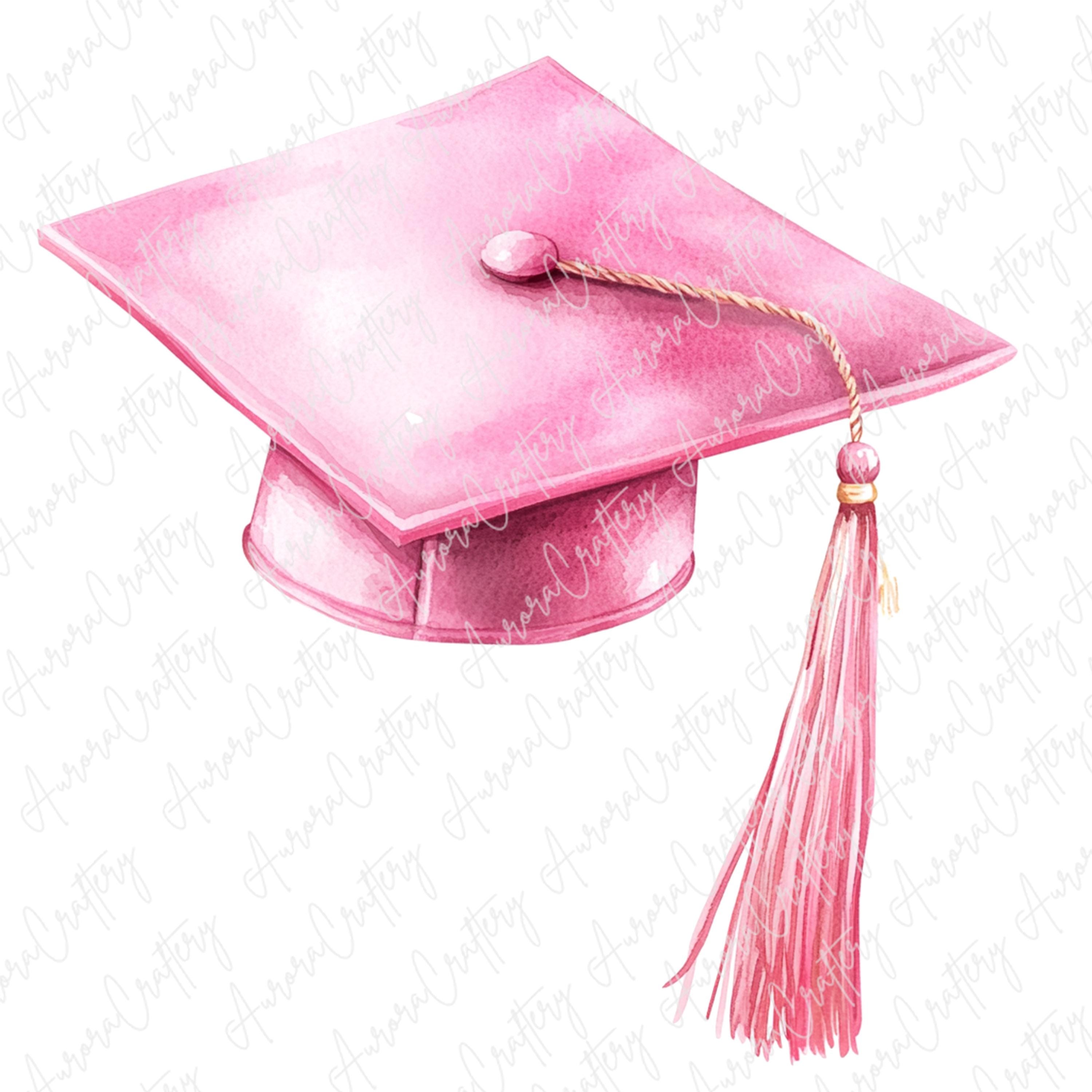 5 Watercolor Pink Graduation Cap Clipart, Grad Hats With Tassels for ...