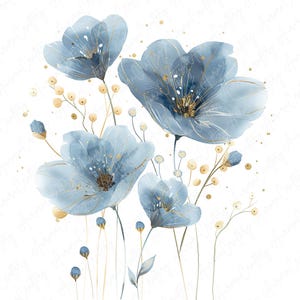 13 Abstract Blue Watercolor Floral Clipart Bundle, Soft Blue & Gold ...