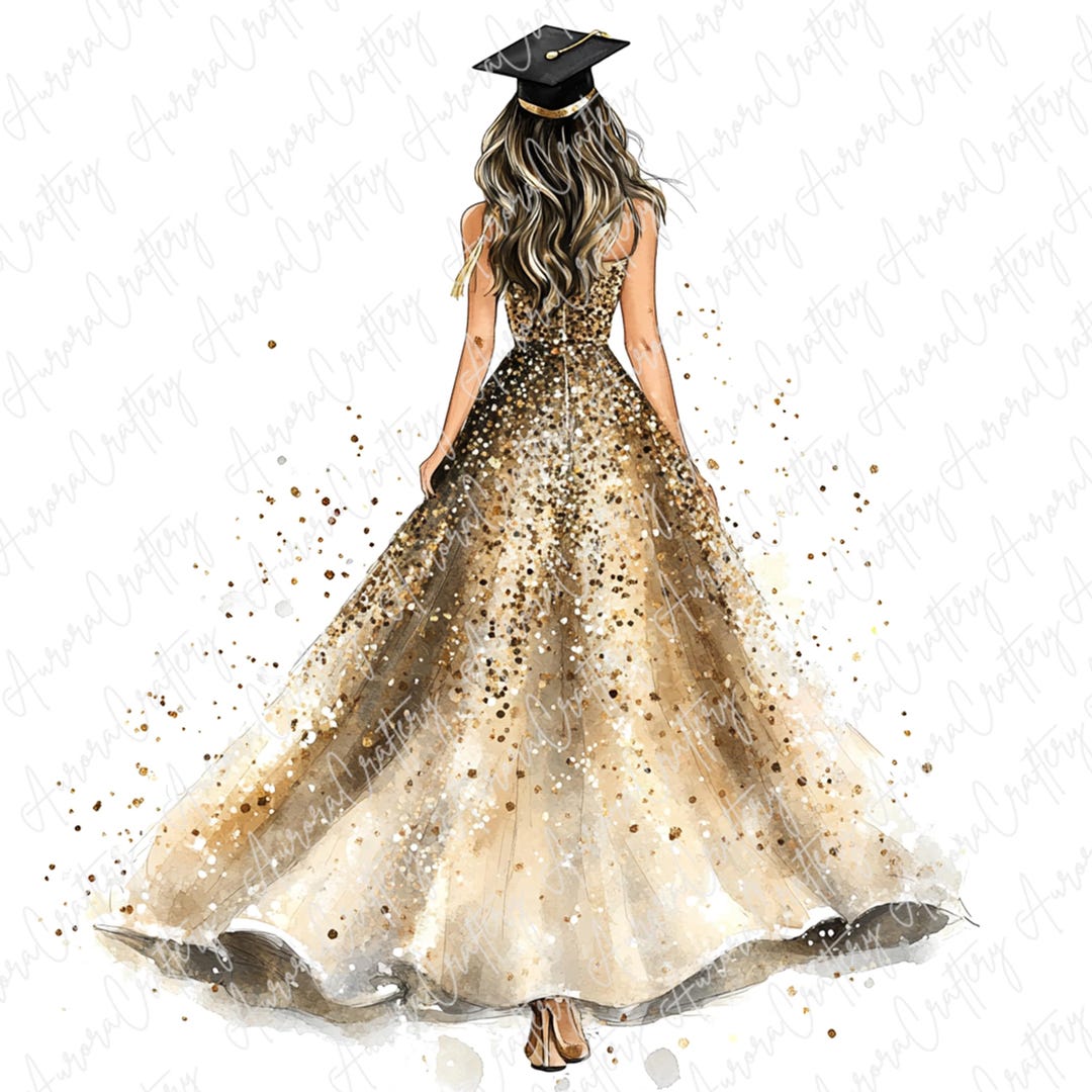 5 Gold Graduation Girl Clipart, Girls in Sparkling Gowns With ...