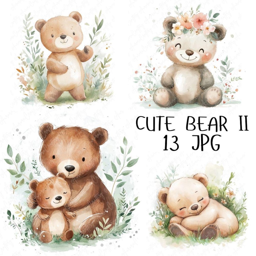 13 Watercolor Bear Clipart, Woodland Bear Clipart, Woodland Cute Animal ...