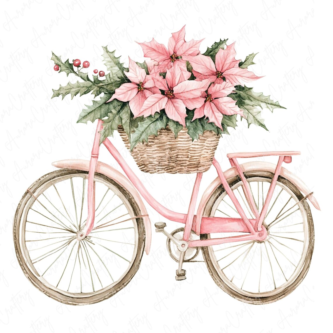 6 Watercolor Festive Bicycle Clipart, Pink Bicycles With Flowers ...