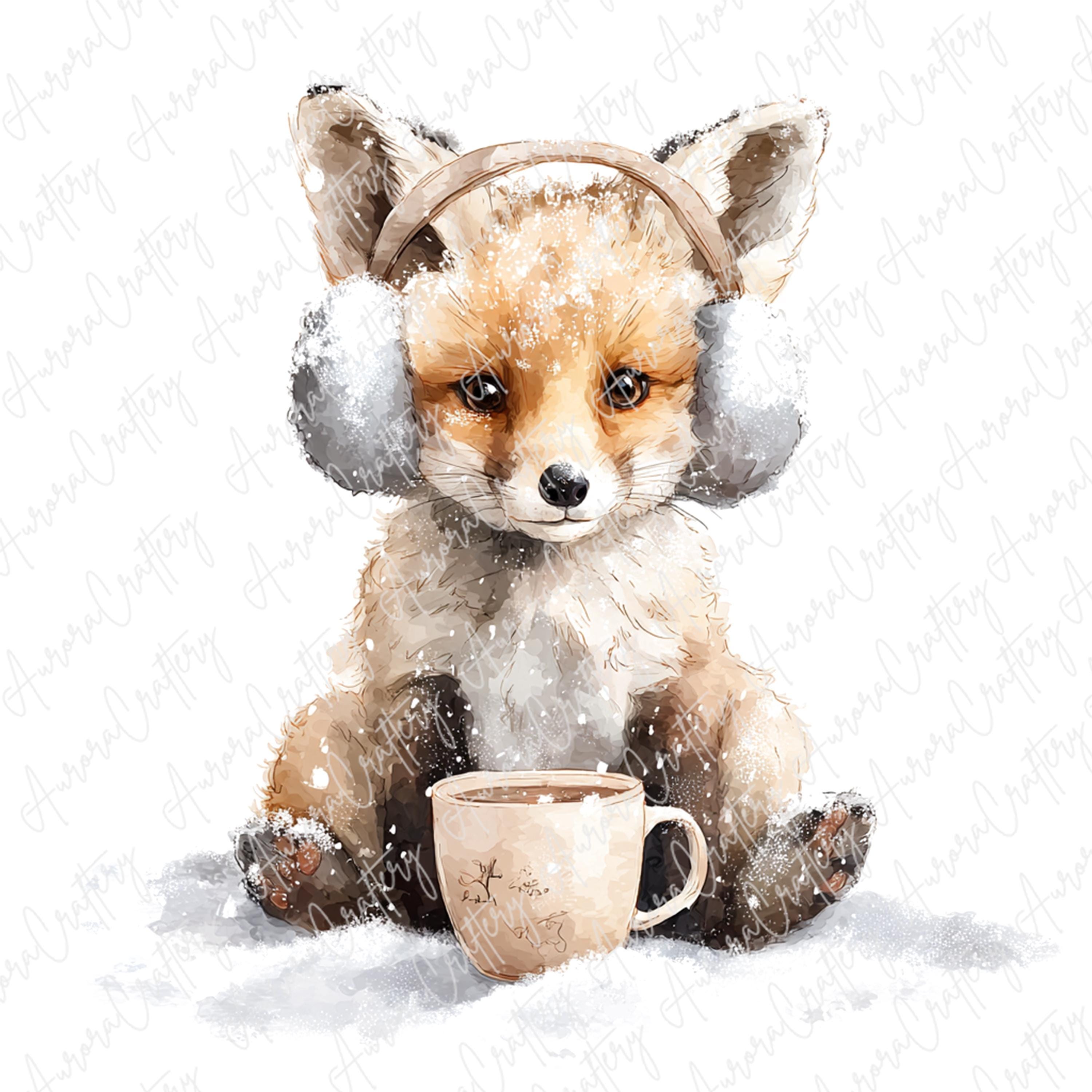 5 Watercolor Winter Fox Clipart, Cute Fox With Earmuffs and Hot Cocoa ...